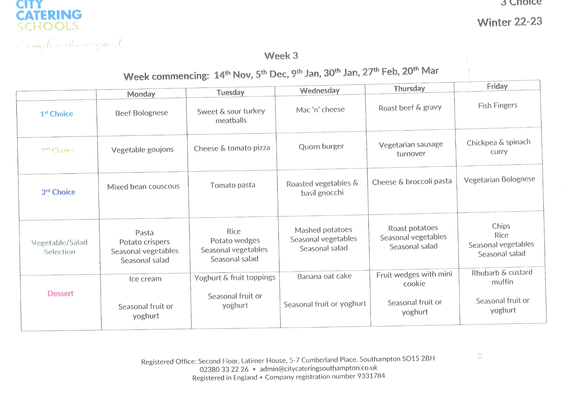 Mason Moor Primary School - LUNCH MENU